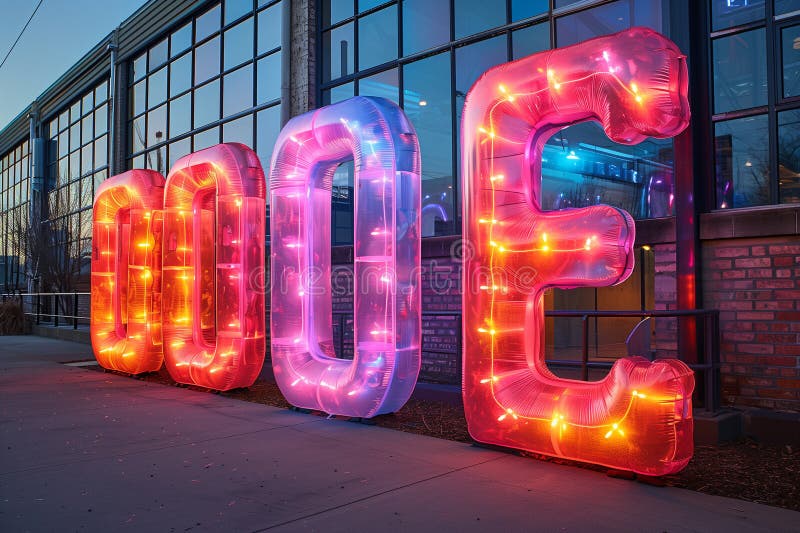A Giant Neon Sign Brightly Illuminates the Side of a Building Stock ...