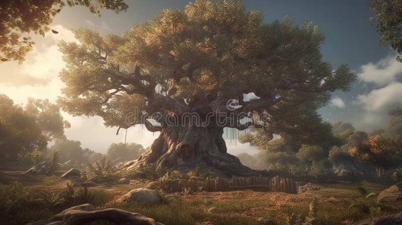 Giant Oak Tree, Digital Art Illustration, Generative AI Stock ...