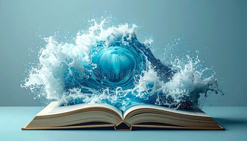 A Giant Ocean Wave Exploding from the Pages of an Open Book Stock ...