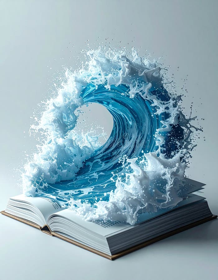 A Giant Ocean Wave Exploding from the Pages of an Open Book Stock ...