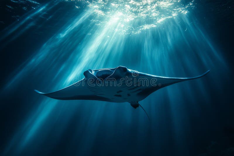 Giant Oceanic Manta Ray Swimming in the Deep Blue Ocean Illuminated by ...