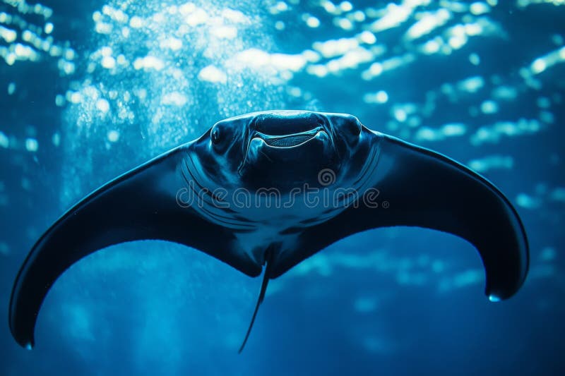 ?Giant Oceanic Manta Ray is Swimming in the Deep Blue Water Stock ...