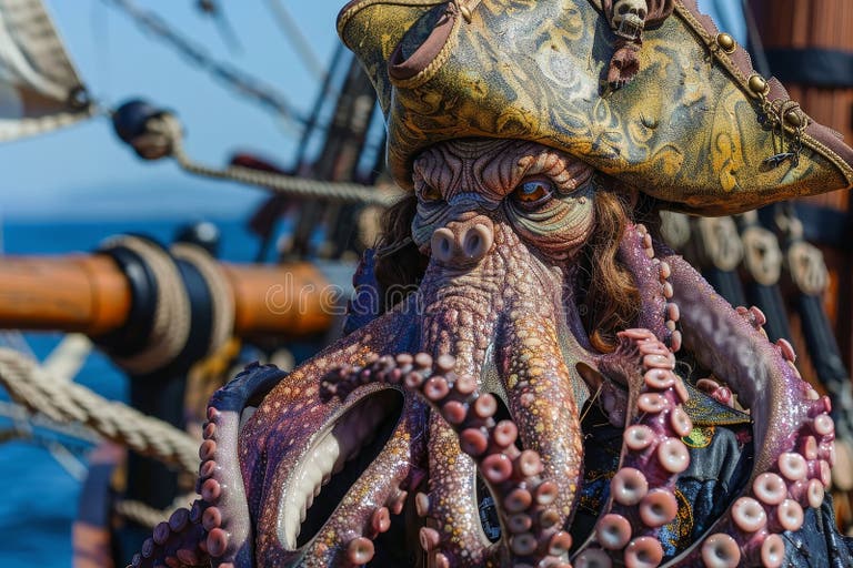 A Giant Octopus Dressed As a Captain of a Pirate Ship Stock ...