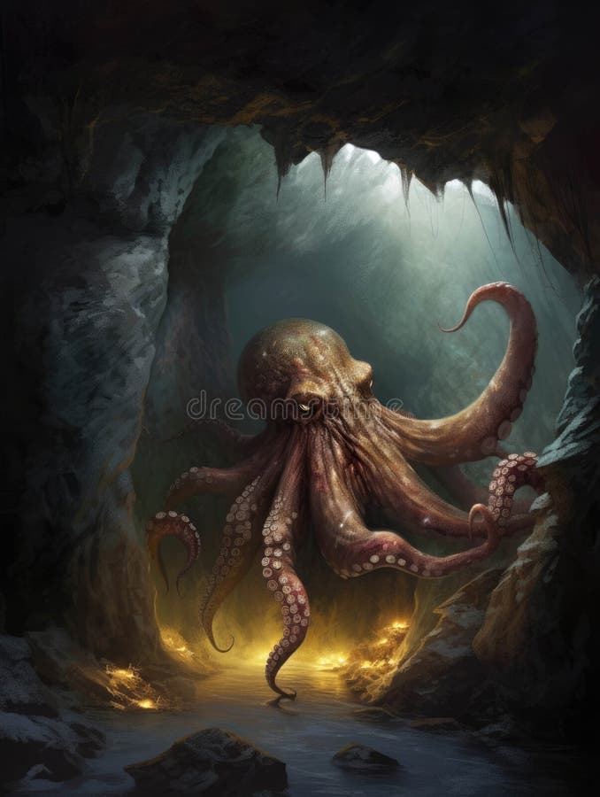 A Giant Octopus Emerging from a Cave Its Tentacles Waving Lazily in the ...