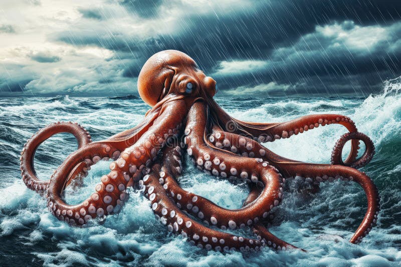 Giant Octopus Emerging from the Ocean among Stormy Waves and Rain, AI ...