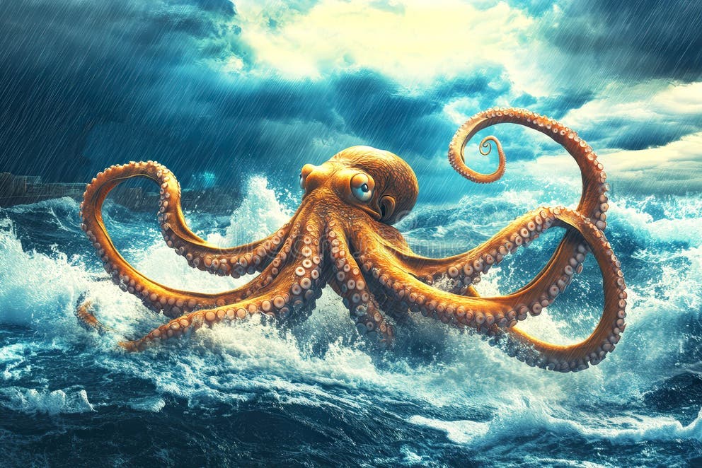 Giant Octopus Emerging from the Ocean among Stormy Waves and Rain, AI ...