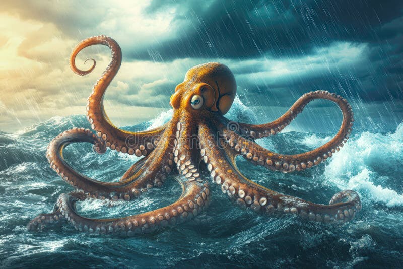 Giant Octopus Emerging from the Ocean among Stormy Waves and Rain, AI ...