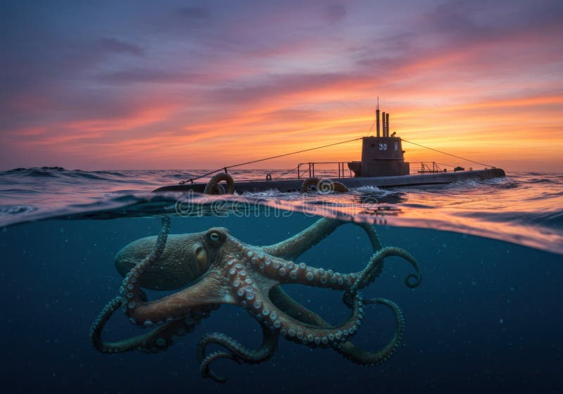 Giant Octopus Encounter Under Water at Sunset with Old Submarine in the ...