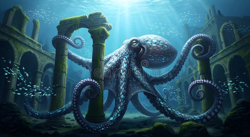 Giant Octopus Explores Ancient Sunken Ruins, Bathed in Ethereal ...