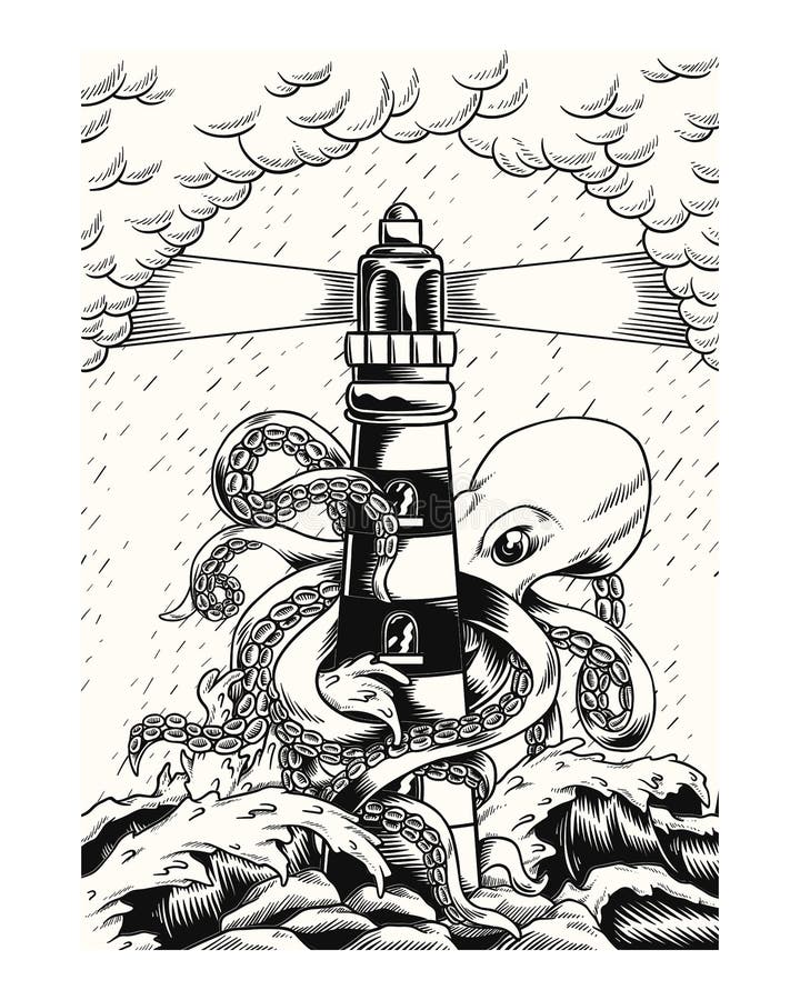 A Giant Octopus with Tentacles Wrapped Around a Lighthouse Illustration ...