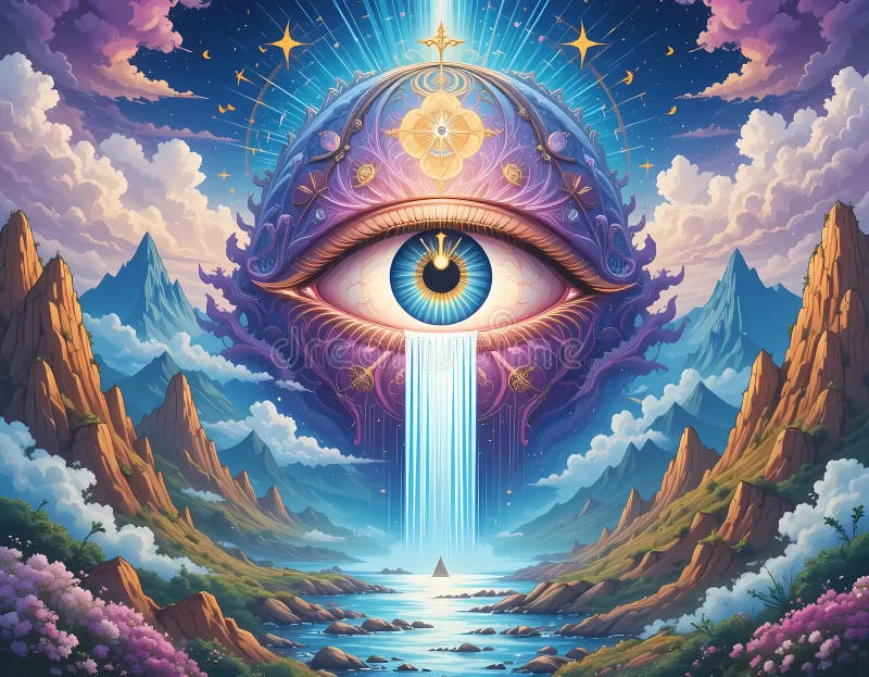 A Giant Open Eye with Flowing Waterfall, Surrounded by Mountains and ...