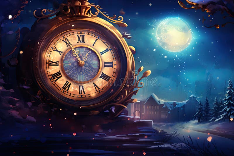 Giant Ornate Clock in Snowy Night Landscape with Full Moon and Distant ...