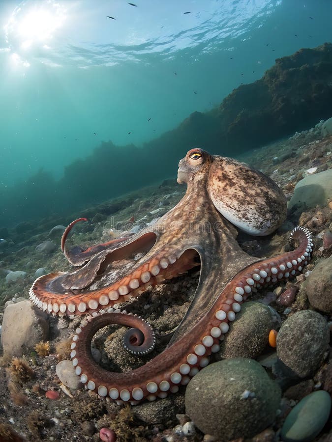 Giant Pacific Octopus in Resting Pose Underwater in Pristine Ocean ...