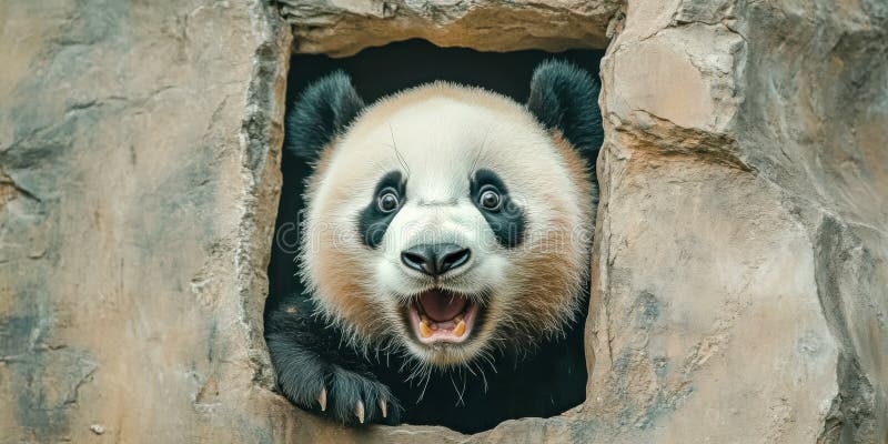 Giant Panda Bear Peeking Curiously from Rocky Cave, Displaying Playful ...