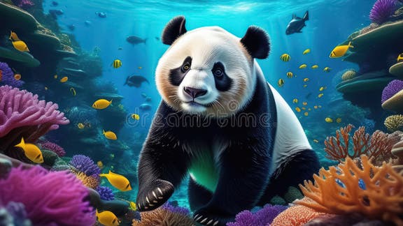 A Giant Panda in the Deep Blue Sea. Generative AI Stock Illustration ...