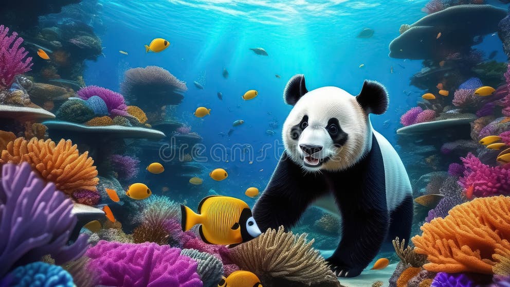 A Giant Panda in the Deep Blue Sea. Generative AI Stock Illustration ...