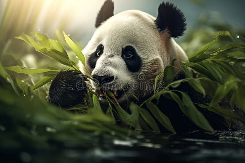 Giant Panda Eating Bamboo in the Bamboo Forest Background Stock ...