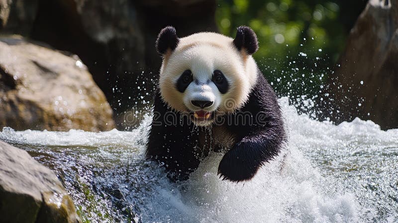 Giant Panda Emerging from Water, Splashing Stock Photo - Image of ...