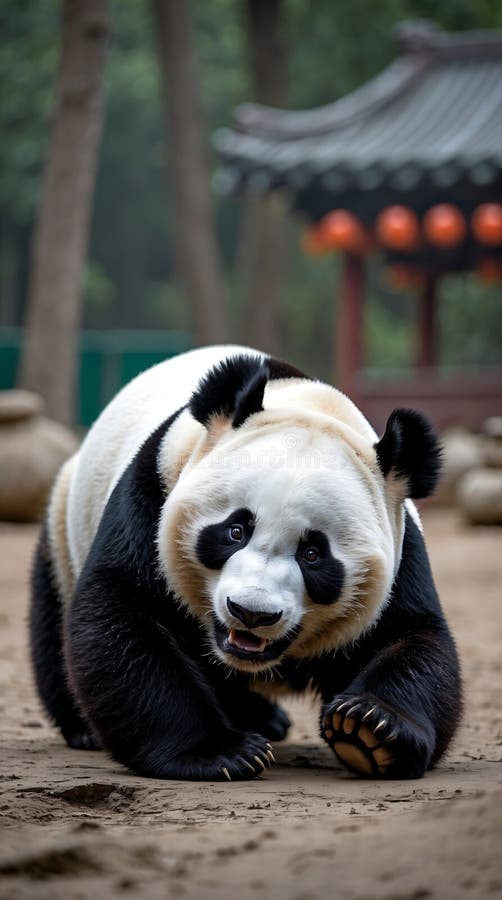 Giant Panda Joyfully Rolling on the Ground in a Natural Setting Stock ...