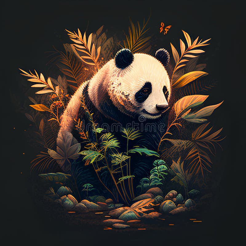Giant Panda in the Jungle. Illustration on Black Background Stock ...