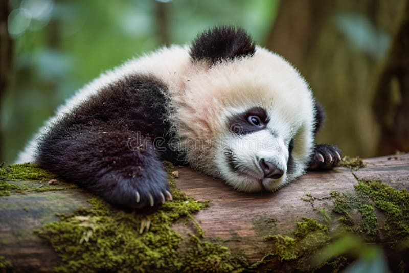 Giant Panda Lying on the Log and Looking at the Camera. Generative AI ...