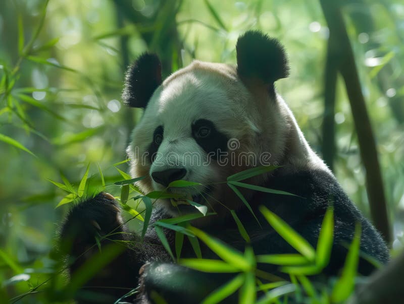 A Giant Panda Munching on Bamboo in a Serene Bamboo Forest Stock Photo ...