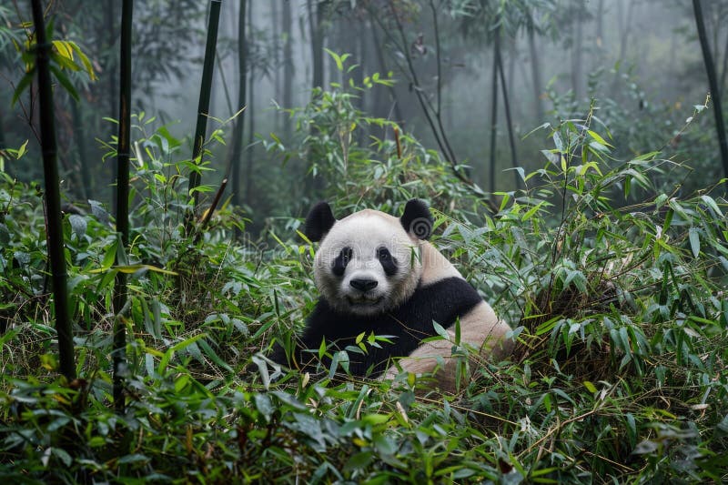 Giant Panda Resting in a Bamboo Forest, Surrounded by Mist and Greenery ...