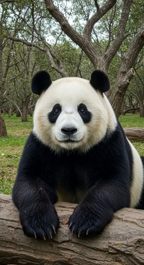 Giant Panda Resting on Log in Lush Green Forest Stock Illustration ...
