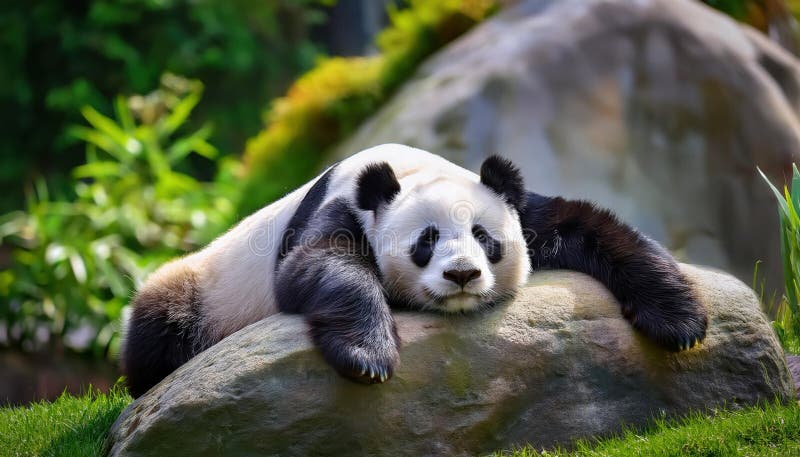 A Giant Panda Resting on a Rock in a Garden-like Environment Under ...