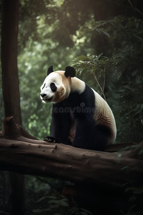 Giant Panda Sitting on a Log in the Forest. Toned Stock Illustration ...