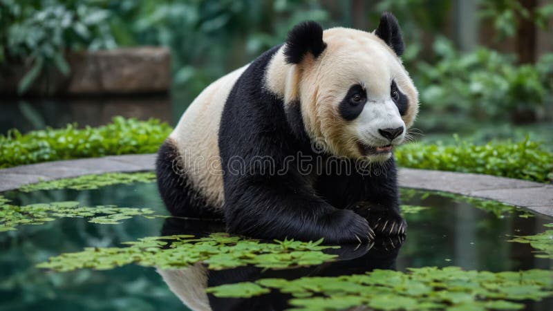 A Giant Panda Sitting by a Pond Surrounded by Lush Greenery Stock ...