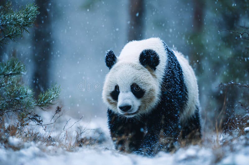 Giant Panda Strolling through Snowy Pine Forest, Side View, Slow Motion ...