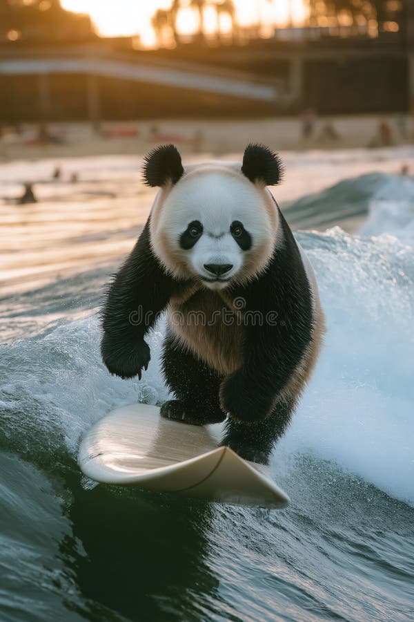 Giant Panda Surfing a Wave at Sunset Stock Illustration - Illustration ...