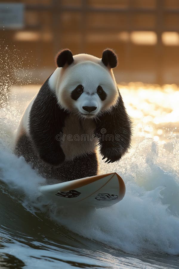 Giant Panda Surfing a Wave at Sunset Stock Illustration - Illustration ...