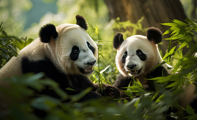 Giant Pandas Play in a Bamboo Forest in China Stock Photo - Image of ...
