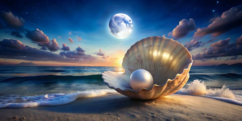 Giant Pearl Resting in an Open Seashell on a Moonlit Shore Stock ...