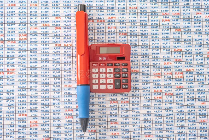 Giant Pencil and Pen with Calculator on Spreadsheet Stock Image - Image ...