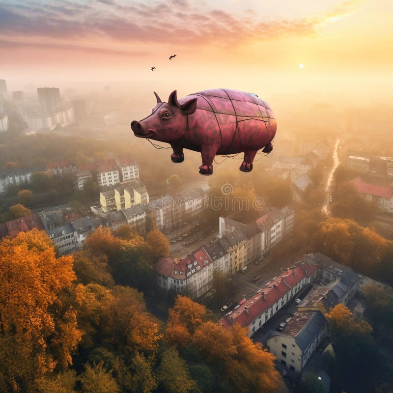 Giant Pig Hovering Over the City, Generative AI Stock Illustration ...