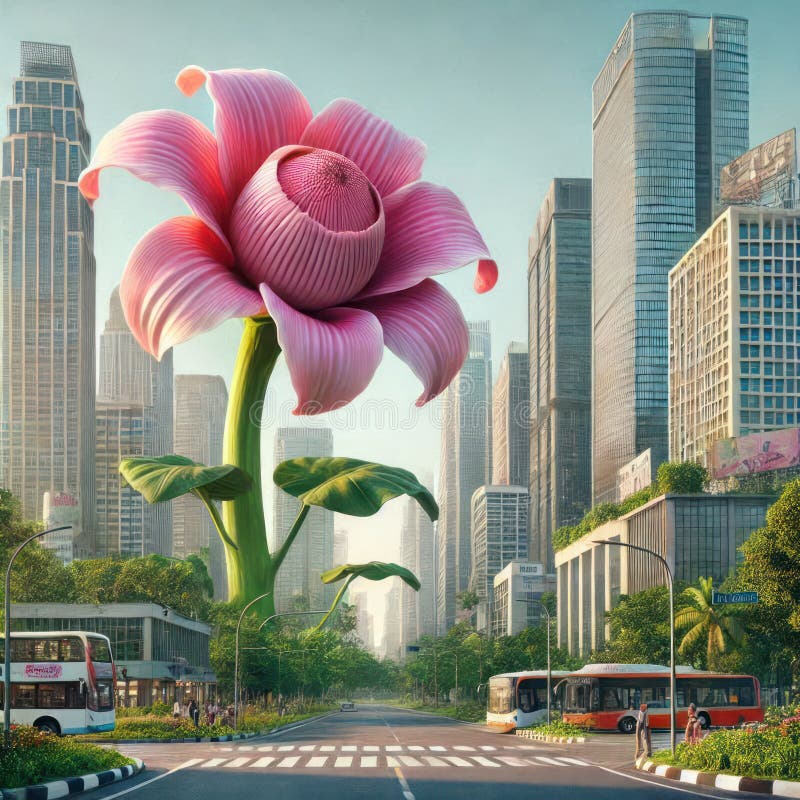 A Giant Pink Flower in the Center of the City. Stock Photo - Image of ...