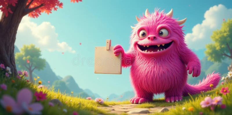 Giant Pink Monster with Blank Sign, Whimsical Scene, Whimsical Scene ...