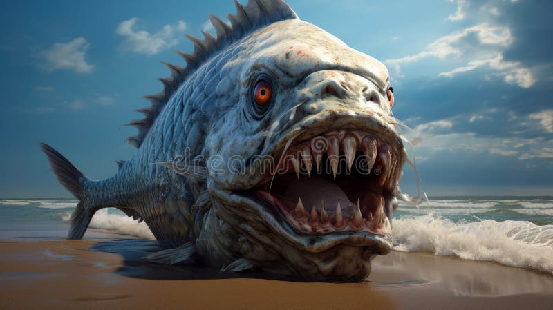 Giant Piranha with Sharp Teeth on the Seashore Stock Image - Image of ...