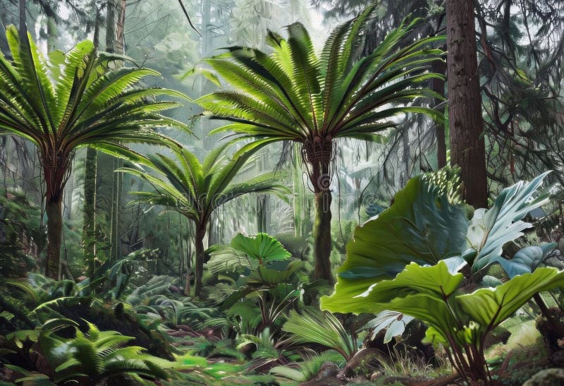 Giant Prehistoric Plants in a Forest Stock Photo - Image of lush, moss ...