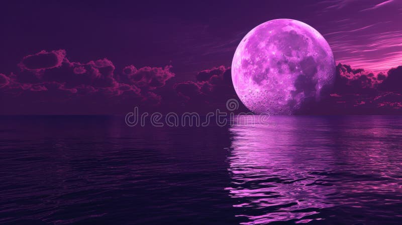 Giant Purple Moon Over a Dark Violet Ocean Stock Image - Image of ...