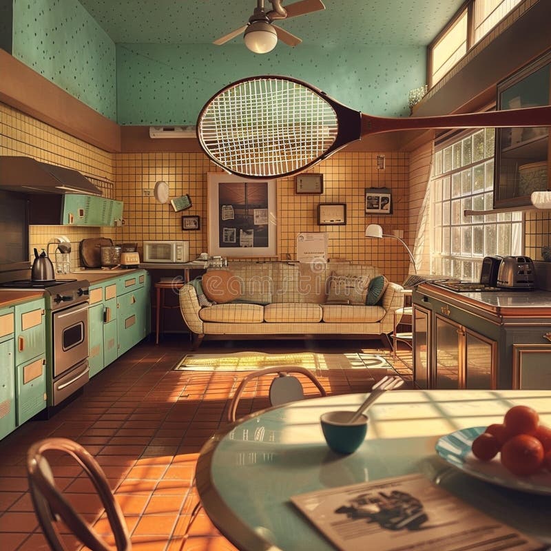 Giant Racquet-shaped Kitchen with a Cozy Couch in the Background Stock ...