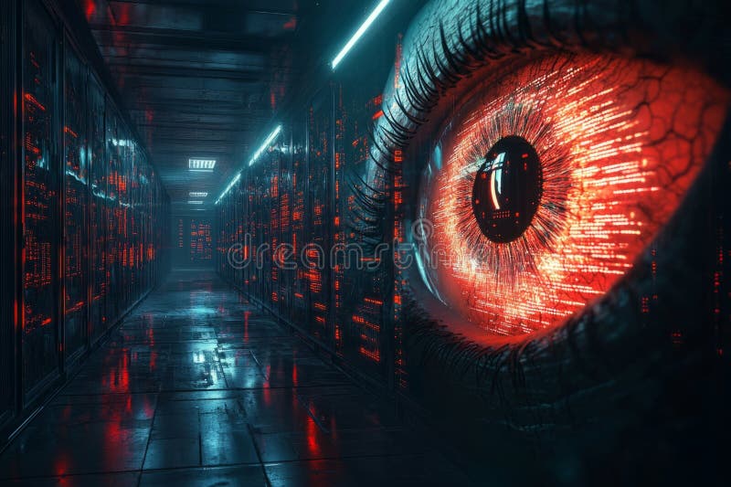 Giant Red Eye Monitors a Futuristic Server Room Corridor, Symbolizing ...