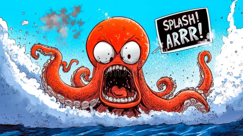 Giant Red Octopus Attacking Ship in Comic Style Illustration Stock ...
