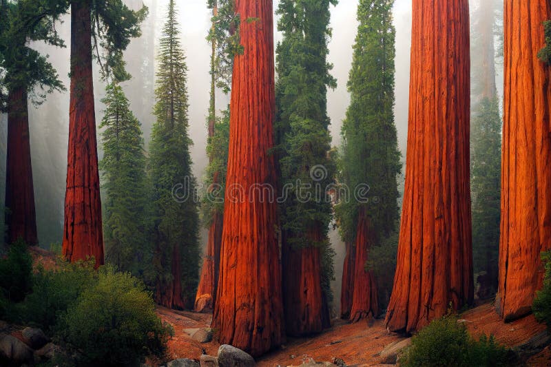 Giant Redwood Trees in Haze of Sequoia Forest Stock Illustration ...