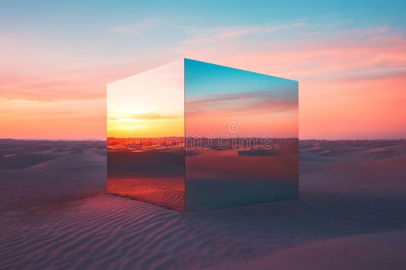 Giant Reflective Cube Standing in the Middle of Desert during Sunset ...