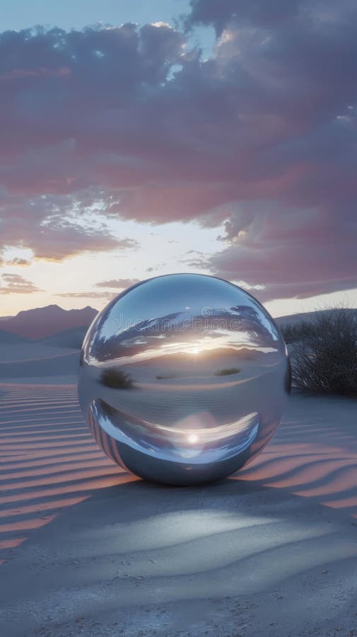 Giant Reflective Sphere in Desert at Sunset, Surreal Landscape. Concept ...