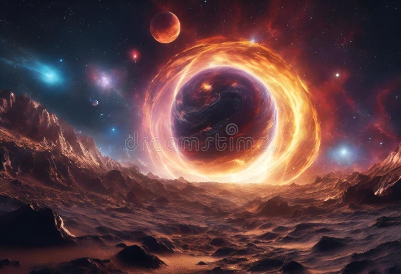 A Giant Ring in Space Surrounded by Planets and Clouds at Night Stock ...